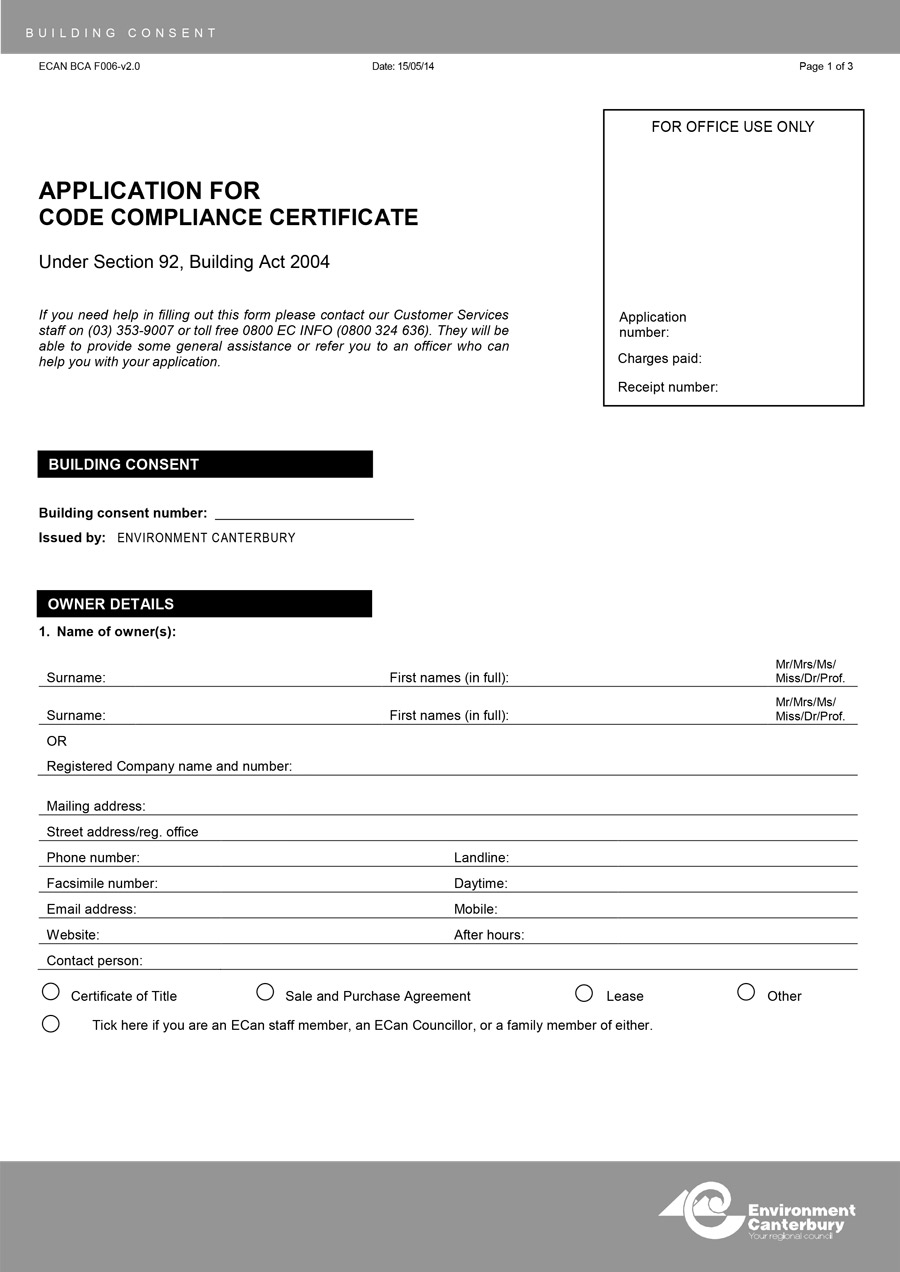 Applying for a code compliance certificate | Environment Canterbury